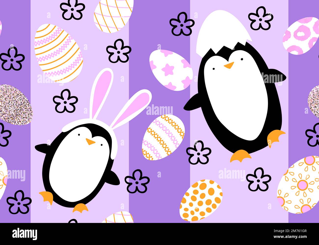 Easter eggs spring seamless animals penguin with rabbit ears cartoon ...