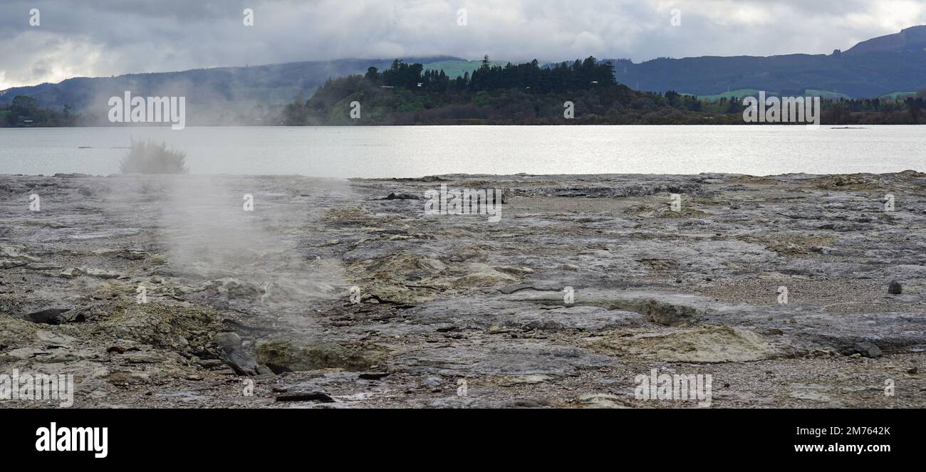 Steam rising from Lake Rotorua due to geothermal activity Stock Photo ...