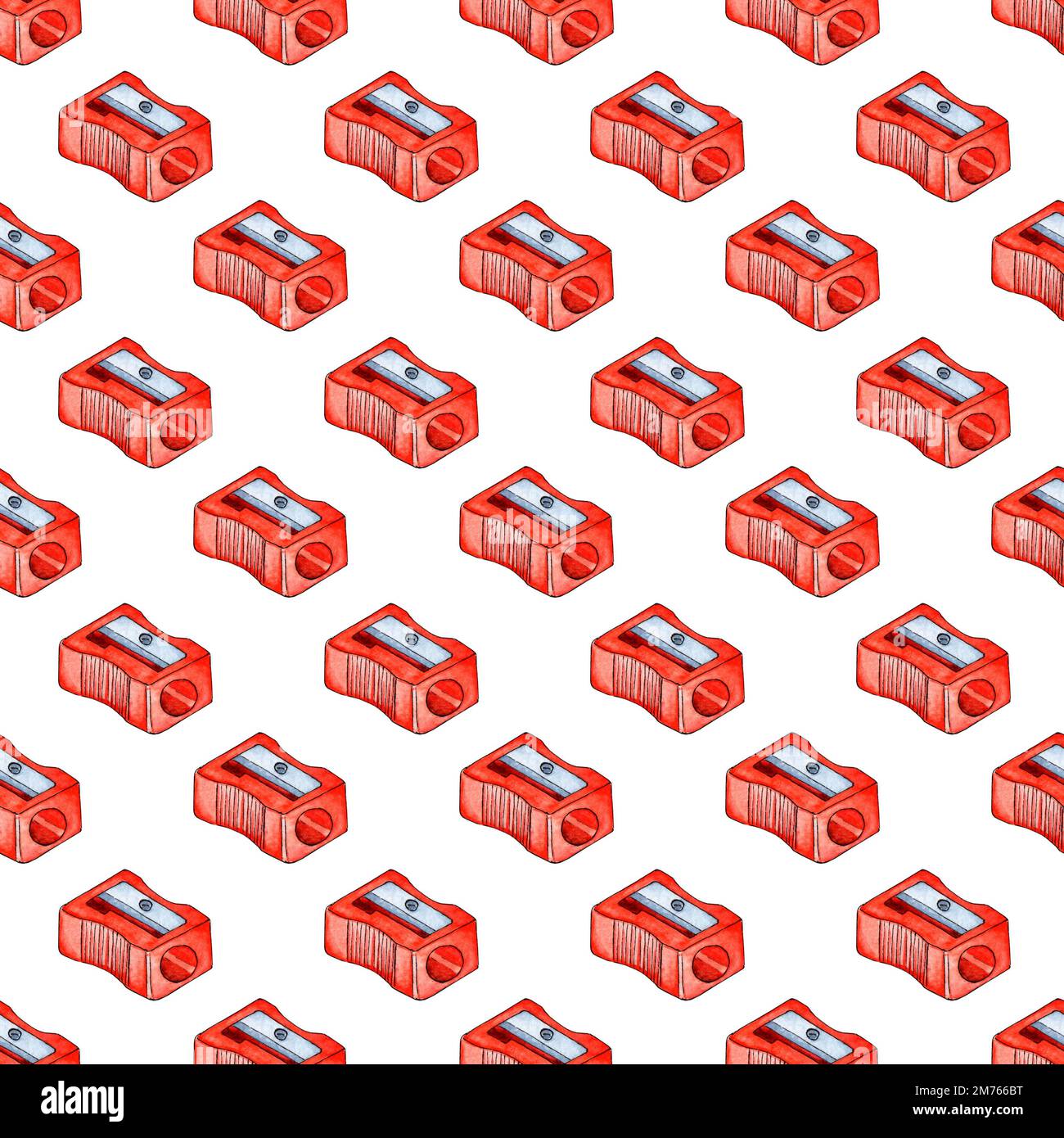 Watercolor illustration pattern of a red pencil sharpener. "Back to ...
