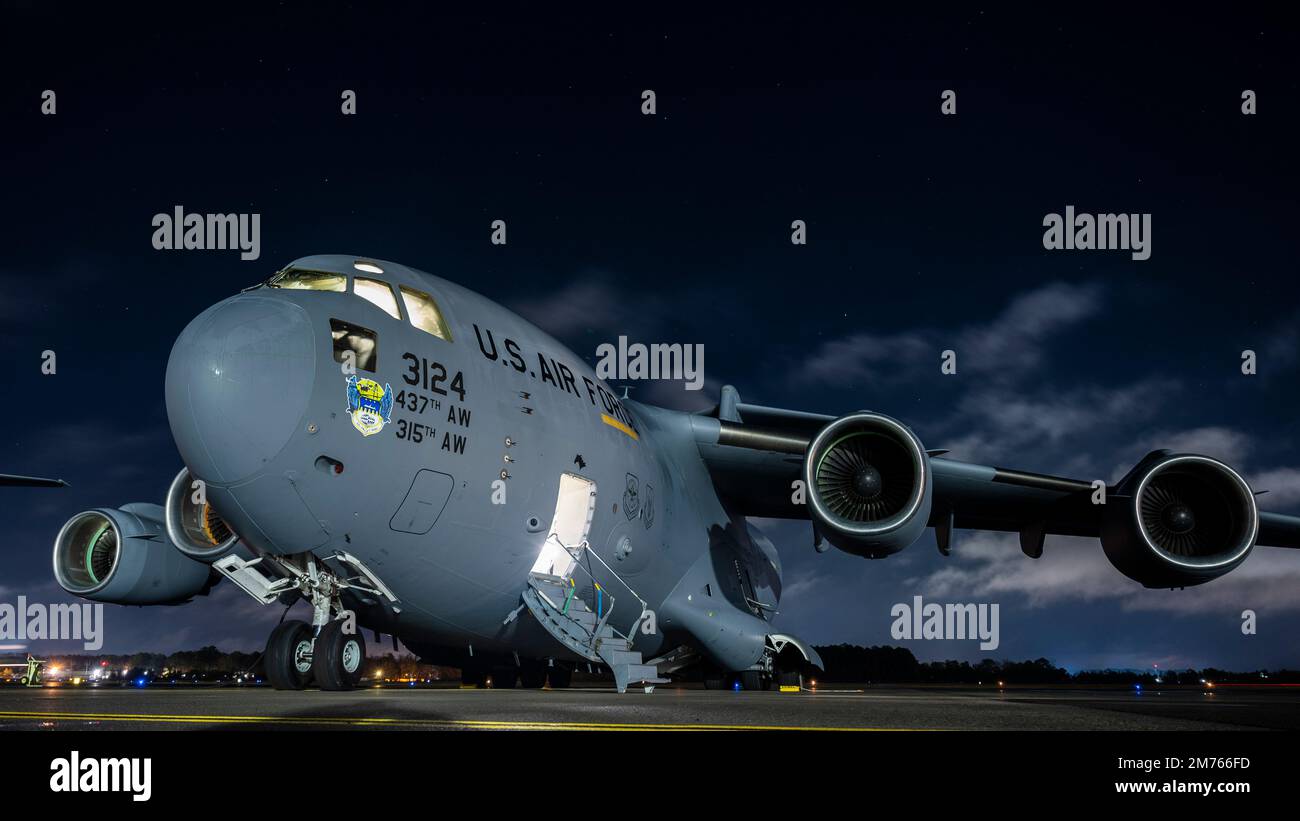 A U.S. Air Force C-17 Globemaster III sits on the flight line before ...