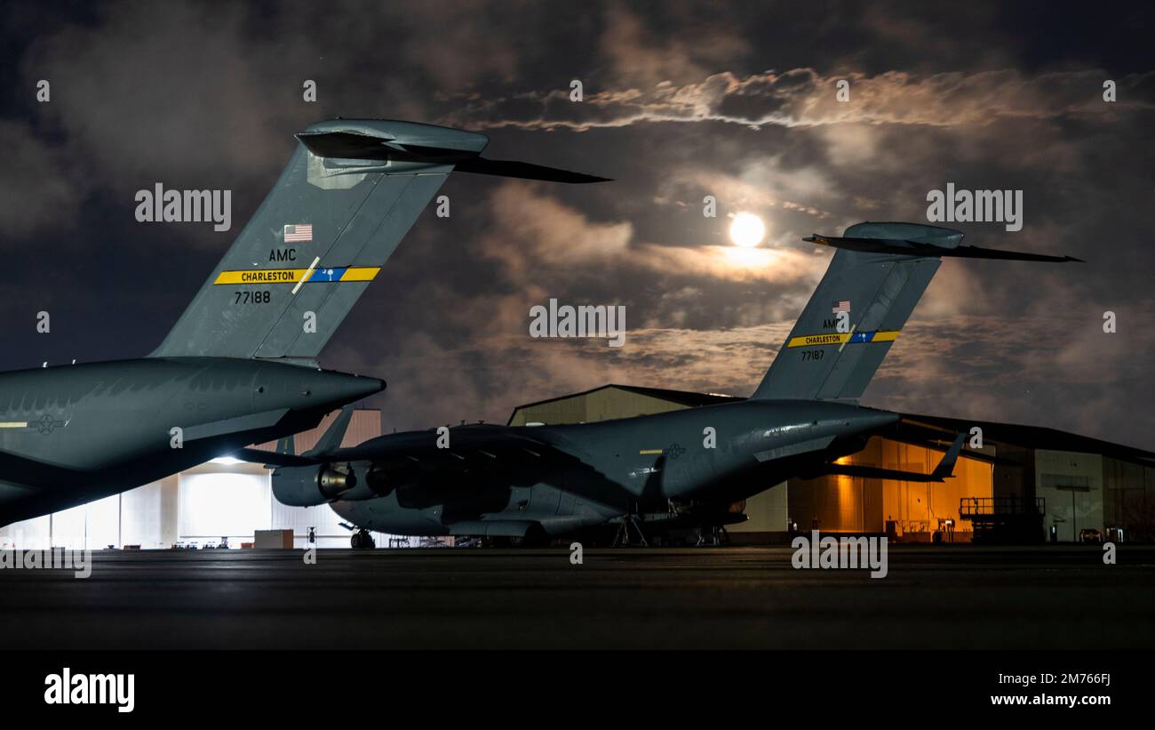 A U.S. Air Force C-17 Globemaster III sits on the flight line before ...