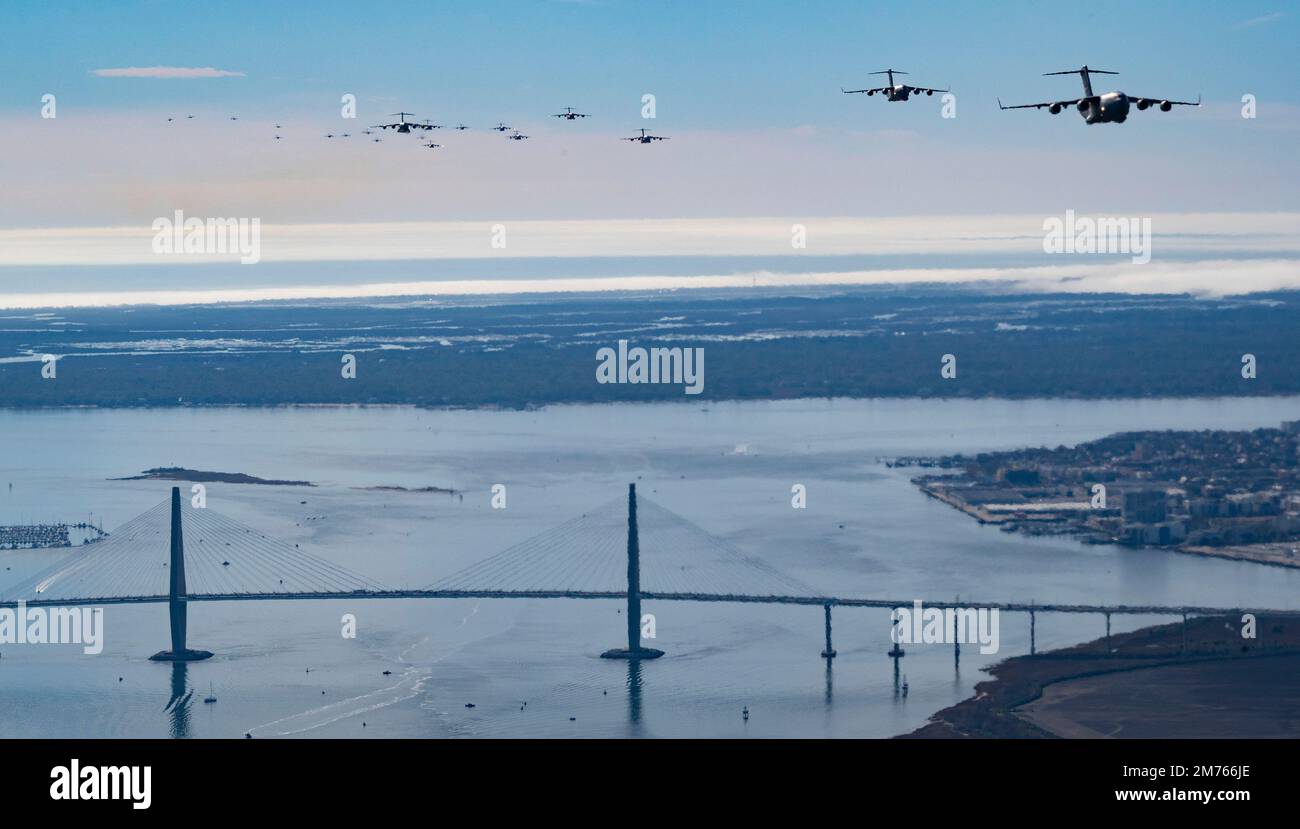 C-17 Globemaster III’s assigned to the 437th Airlift Wing fly over ...