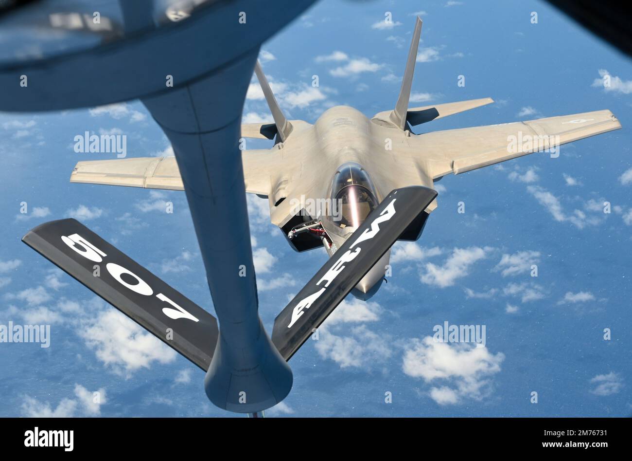 A U.S. Marine Corps F-35C Lightning II prepares to receive fuel from ...