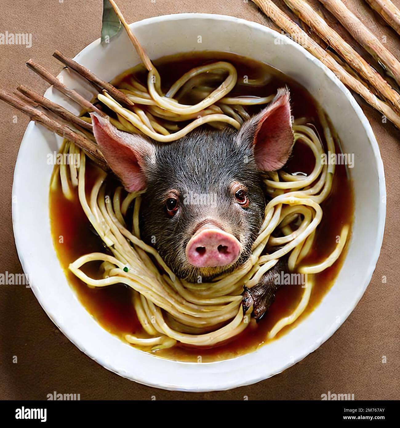 noodle dish, street food delicious pork soup with noodles, pig head ...