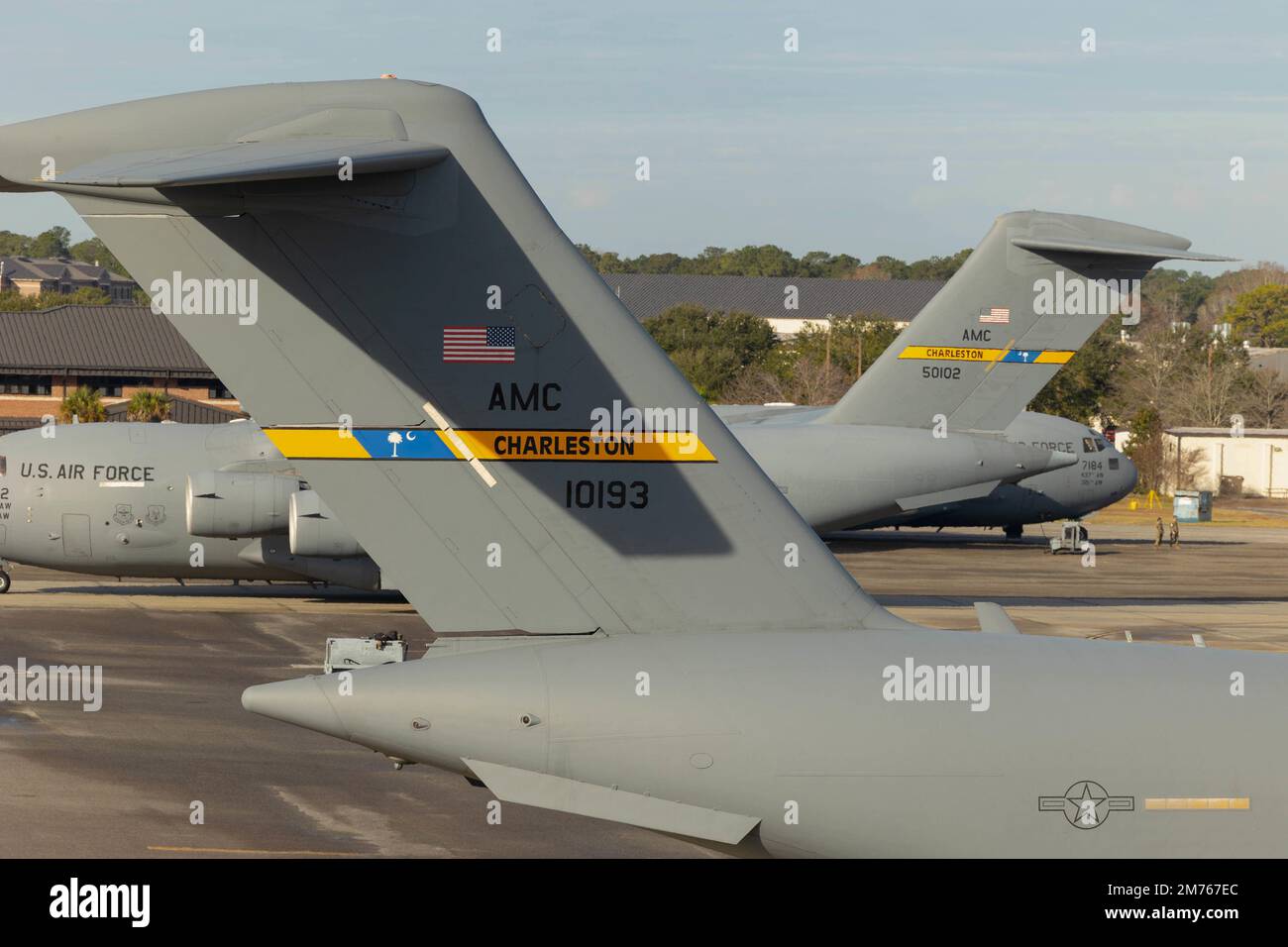 A C-17 Globemaster III aircraft sits on the flightline before taking ...