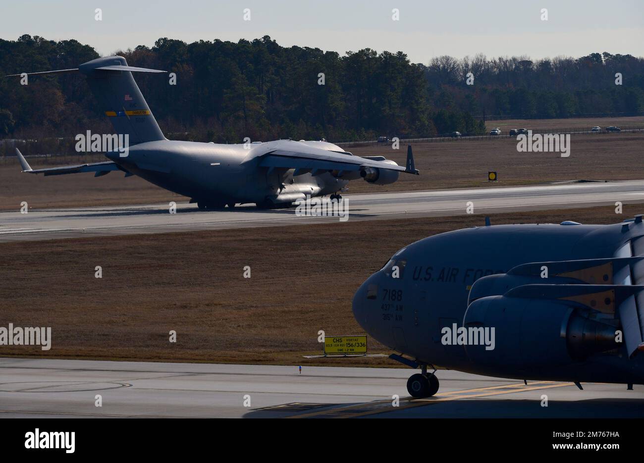 U.S. Air Force C-17 Globemaster III aircraft prepares to take off during a mission generation ...