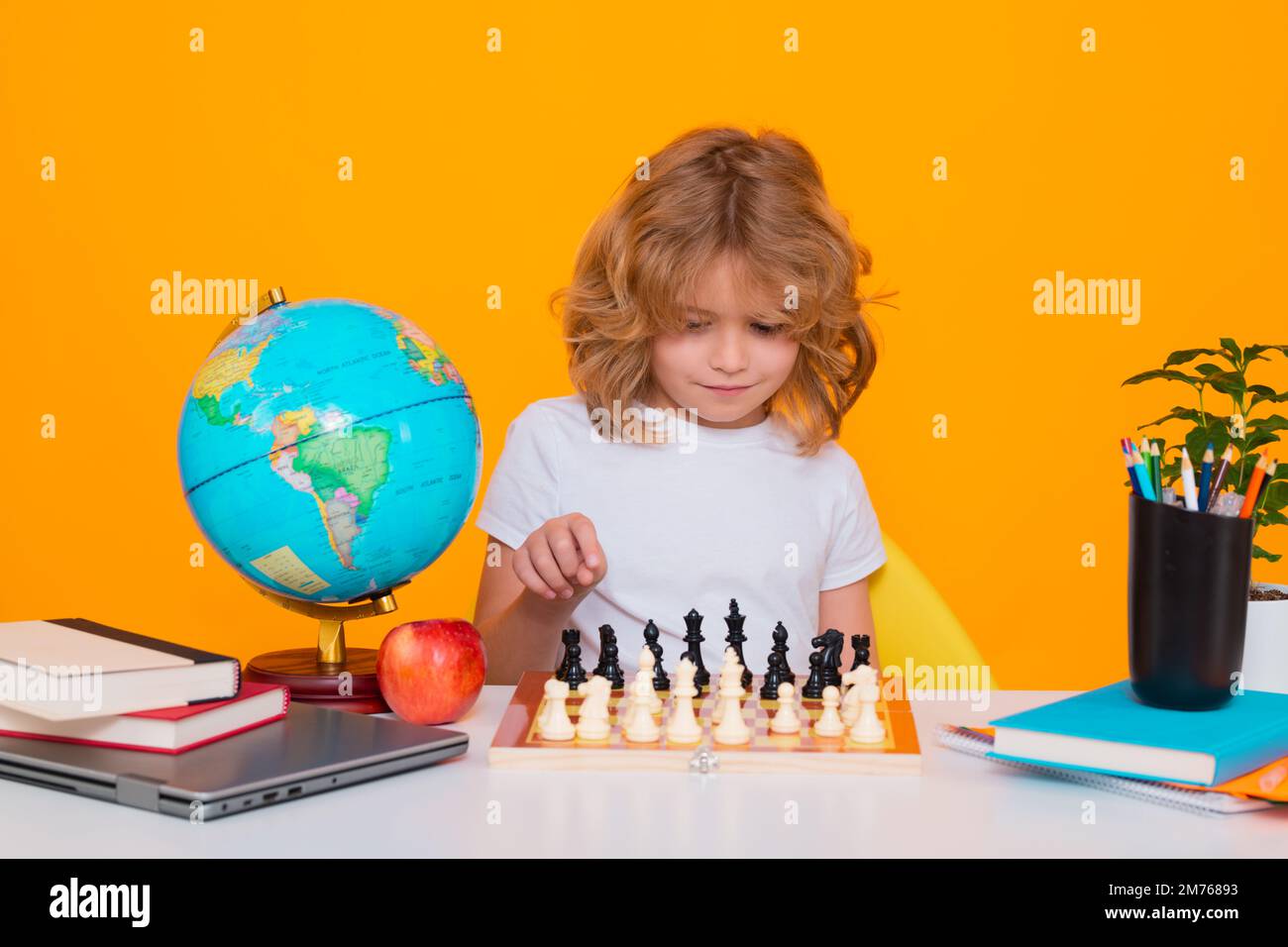 Child play chess on isolated background. Chess for intelligent kid ...