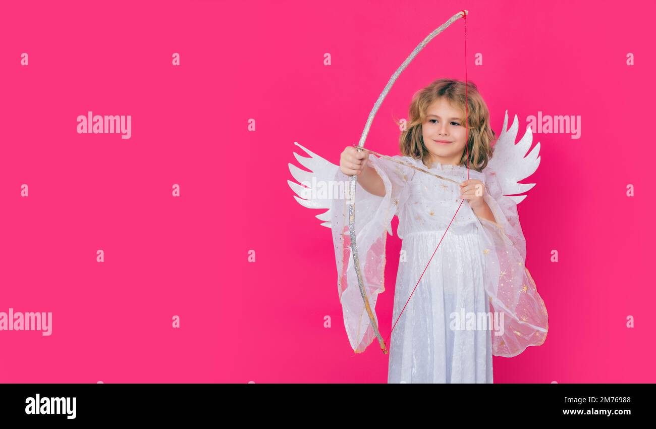 Cupids arrow hit right in heart, arrow of love. Angel kid shoots a love ...