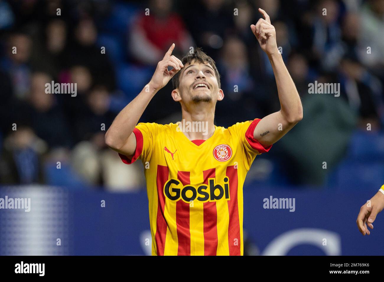 Toni Villa of Girona FC celebrate a goal during the Liga match between ...