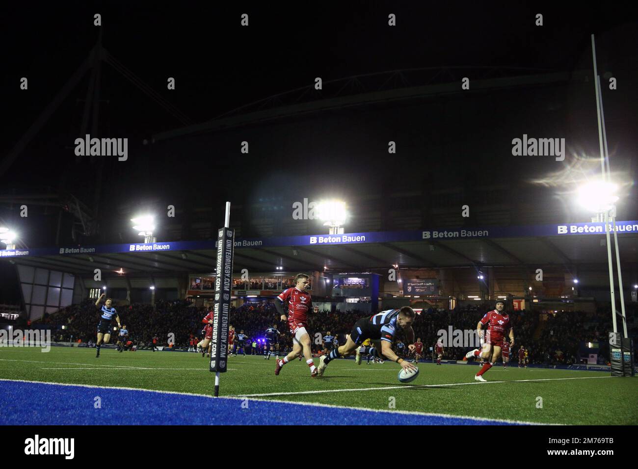Cardiff, UK. 07th Jan, 2023. Josh Adams of Cardiff Rugby scores a try ...