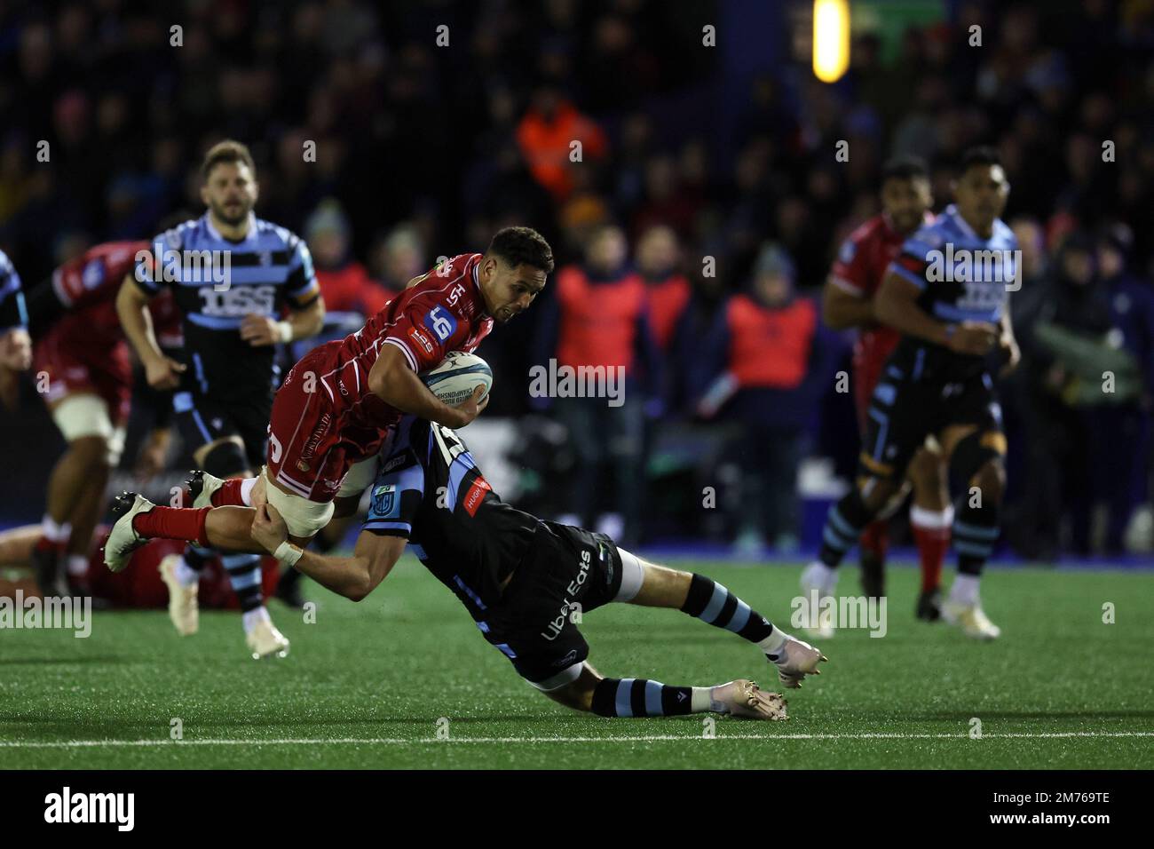 Cardiff, UK. 07th Jan, 2023. Dan Davis of Scarlets is tackled. United ...