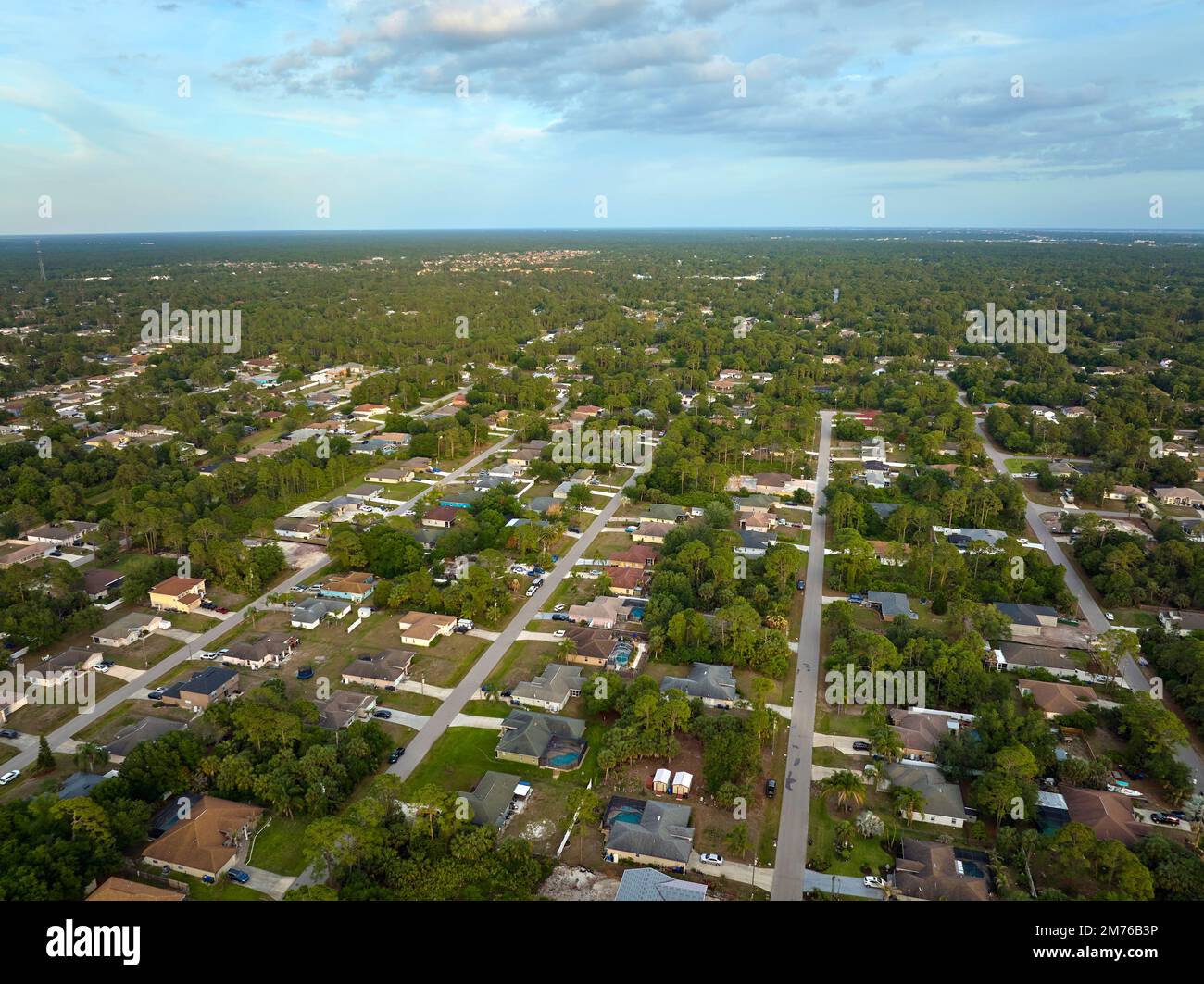 Aerial landscape view of suburban private houses between green palm ...