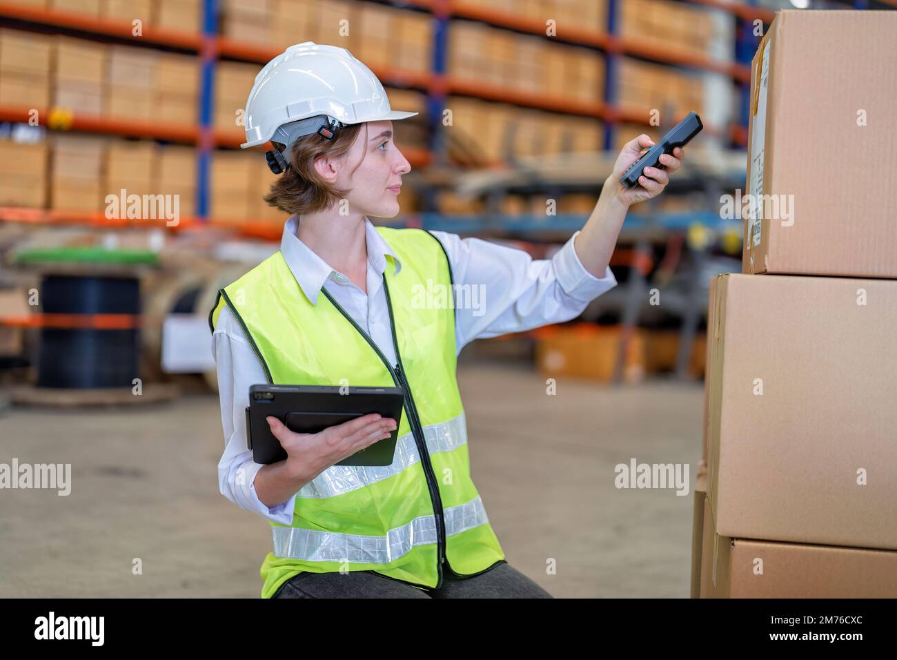 ware house worker stock check and barcode scan the goods on wooden ...
