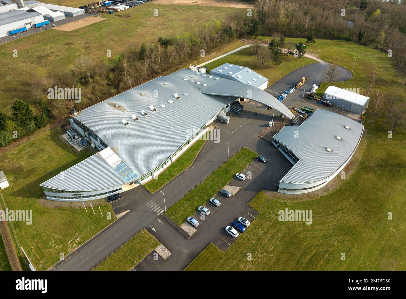 Aerial view of new factory building for producing and shipping of ...