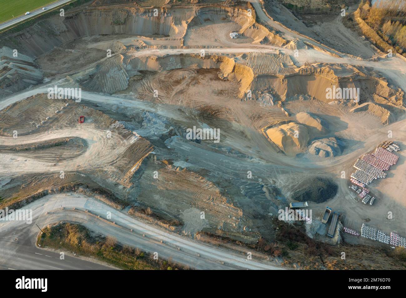 Aerial view of open pit mining site of limestone materials for ...