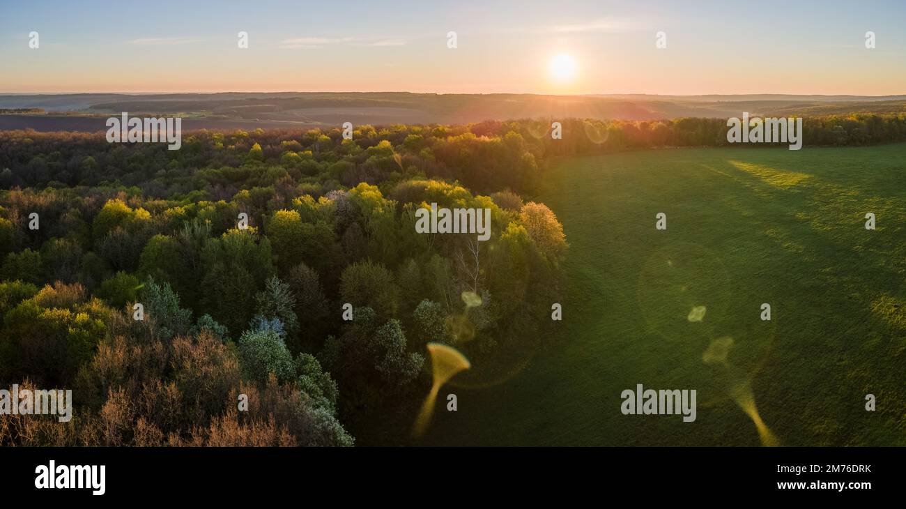 Aerial view of woodland with fresh green trees and agricultural arable ...