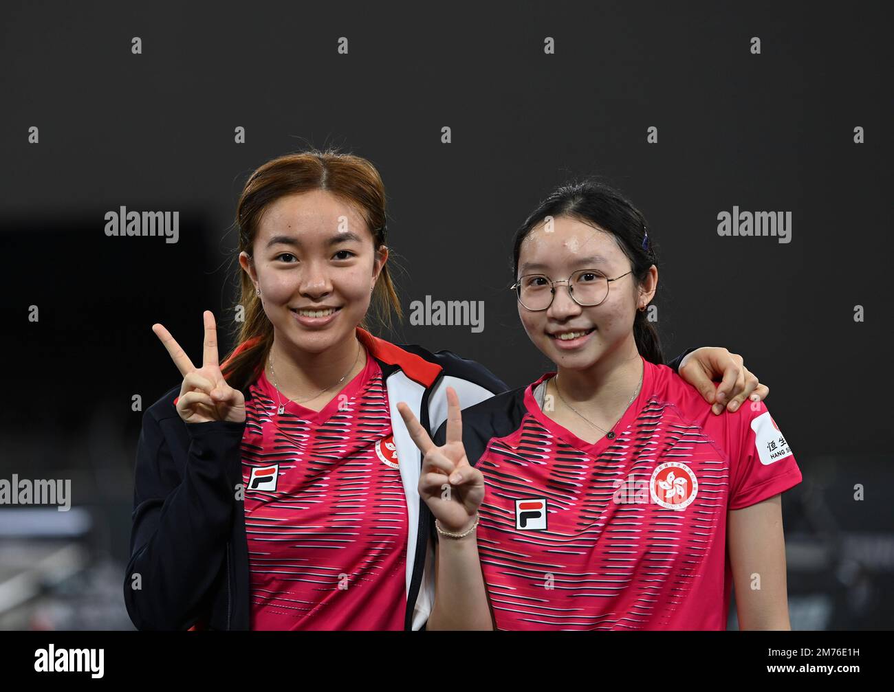 Doha, Qatar. 7th Jan, 2023. Lee Hoi Man Karen(R)/Ng Wing Lam of China's Hong Kong celebrate ...