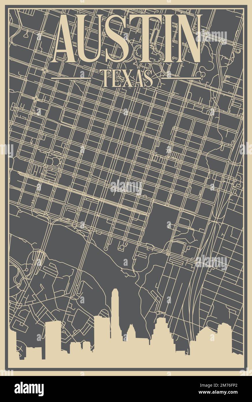 Grey hand-drawn framed poster of the downtown AUSTIN, TEXAS with ...