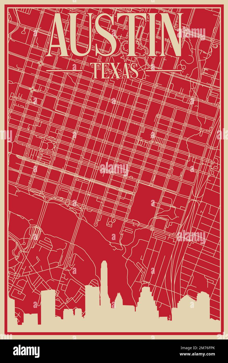 Red hand-drawn framed poster of the downtown AUSTIN, TEXAS with ...
