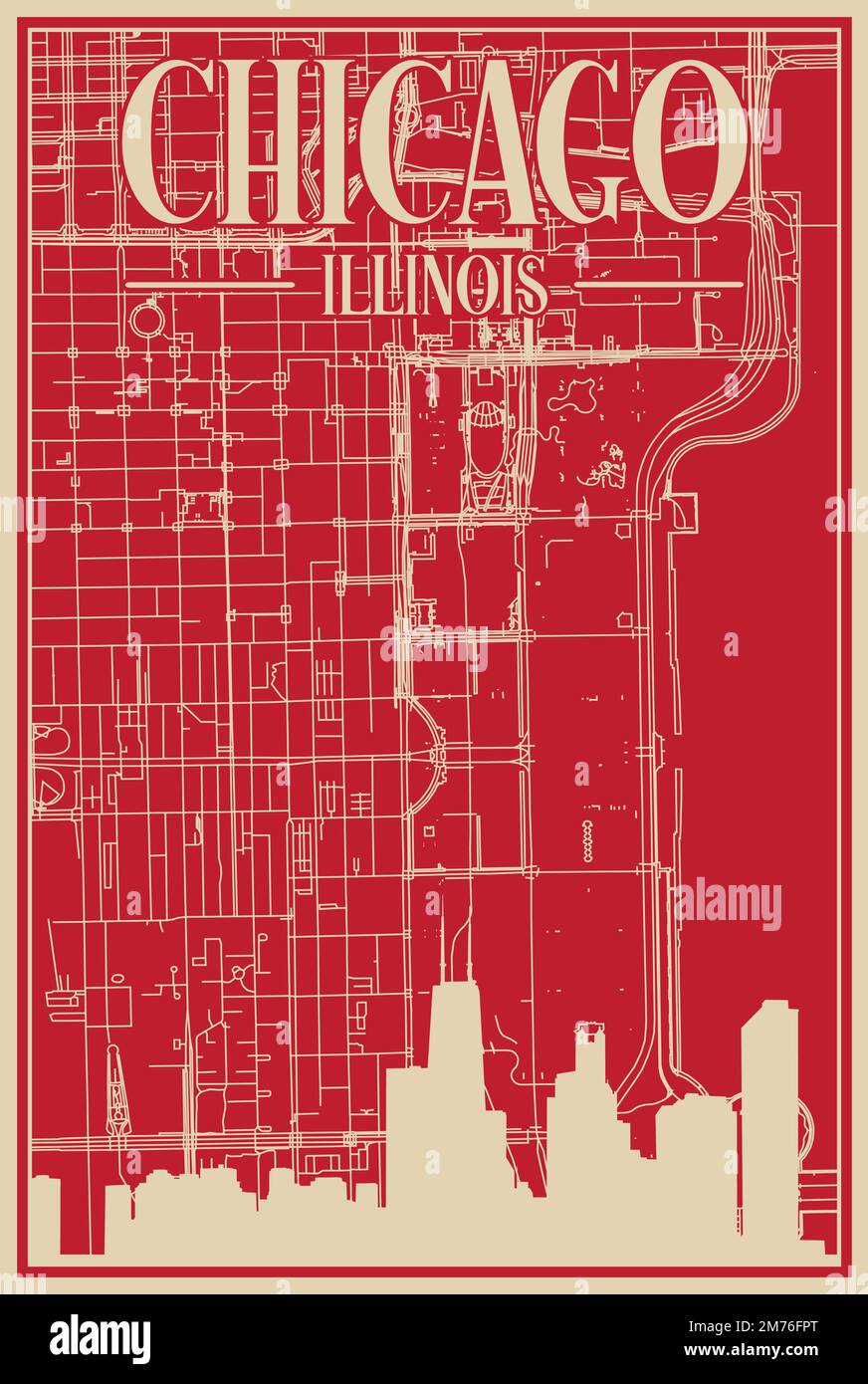 Red hand-drawn framed poster of the downtown CHICAGO, ILLINOIS with ...
