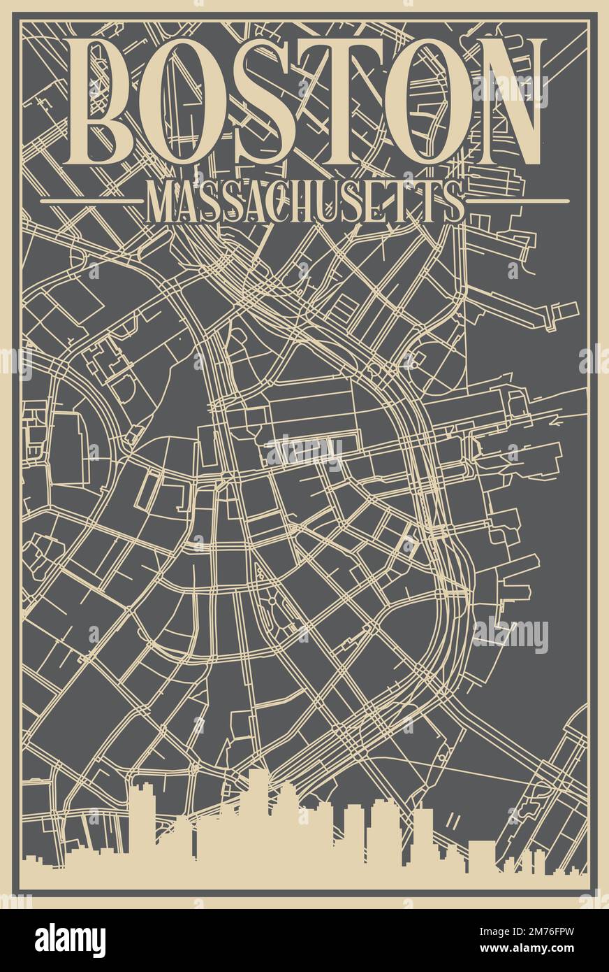 Grey hand-drawn framed poster of the downtown BOSTON, MASSACHUSETTS ...