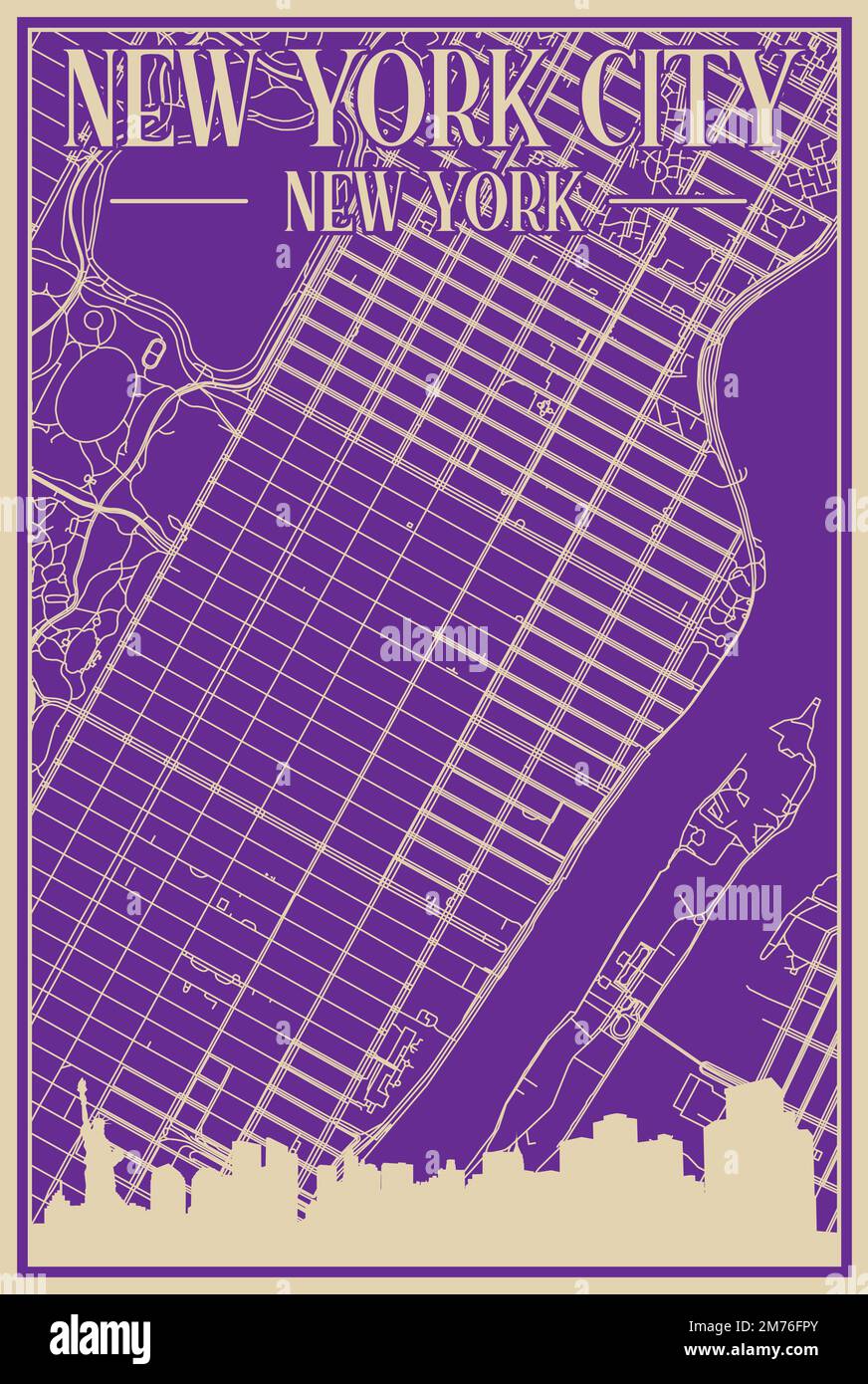 Purple hand-drawn framed poster of the downtown NEW YORK CITY, NEW YORK ...