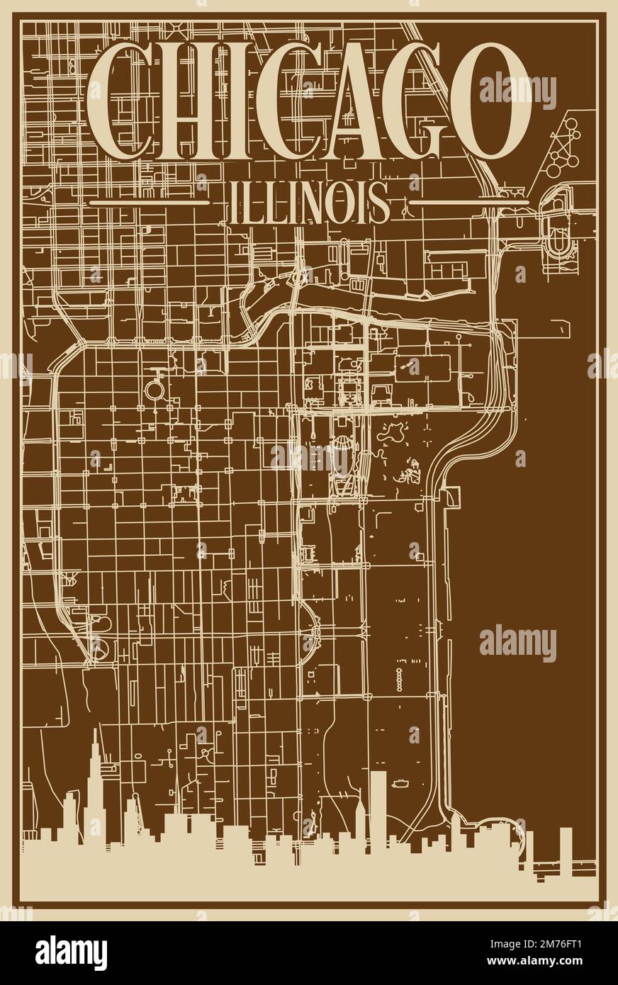 Brown hand-drawn framed poster of the downtown CHICAGO, ILLINOIS with ...