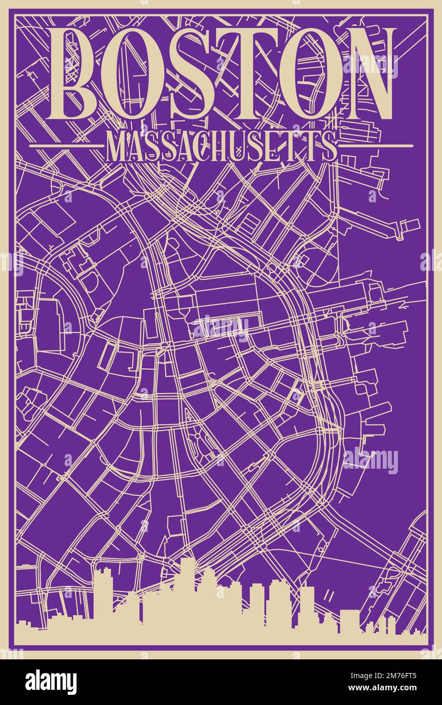 Purple hand-drawn framed poster of the downtown BOSTON, MASSACHUSETTS ...
