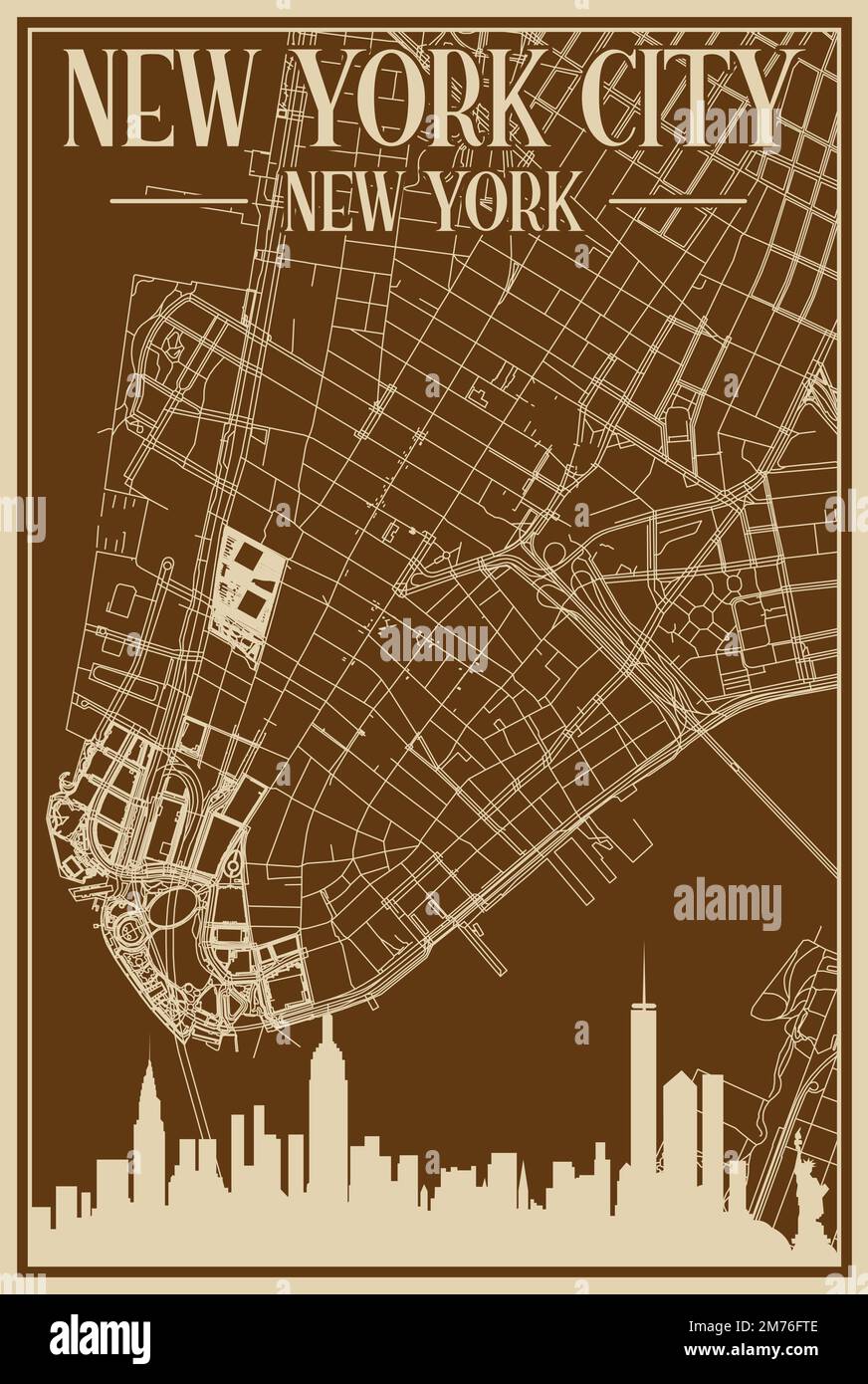 Brown hand-drawn framed poster of the downtown NEW YORK CITY, NEW YORK ...