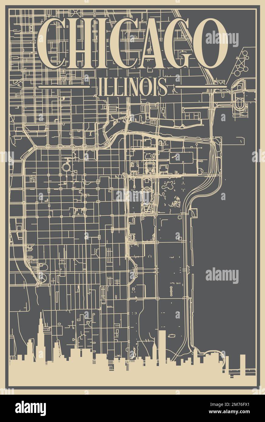 Grey hand-drawn framed poster of the downtown CHICAGO, ILLINOIS with ...