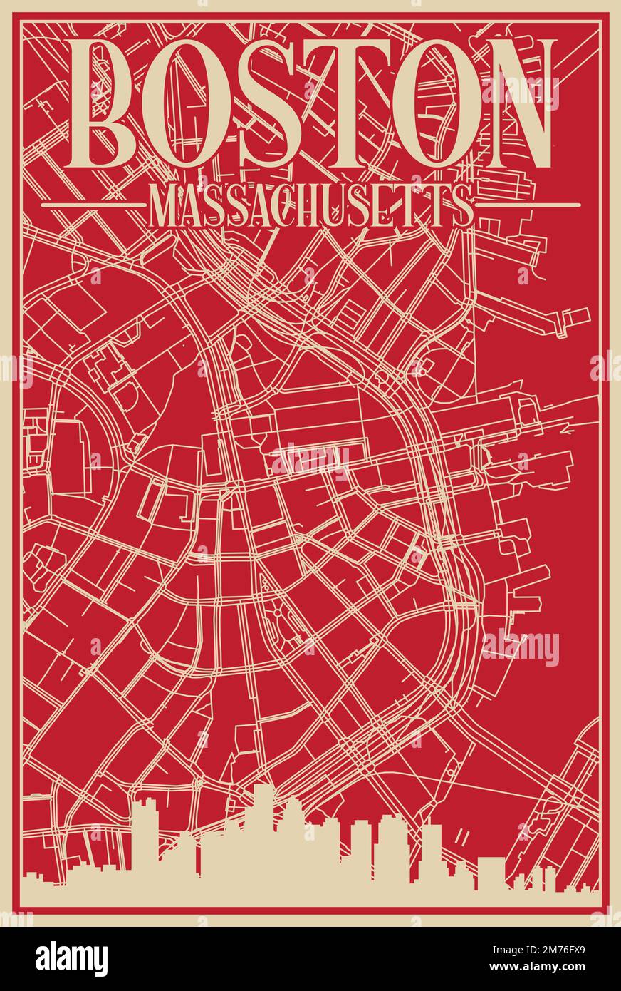 Red hand-drawn framed poster of the downtown BOSTON, MASSACHUSETTS with ...