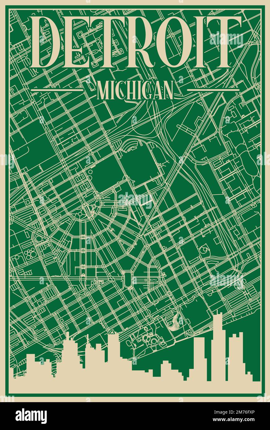 Green hand-drawn framed poster of the downtown DETROIT, MICHIGAN with ...