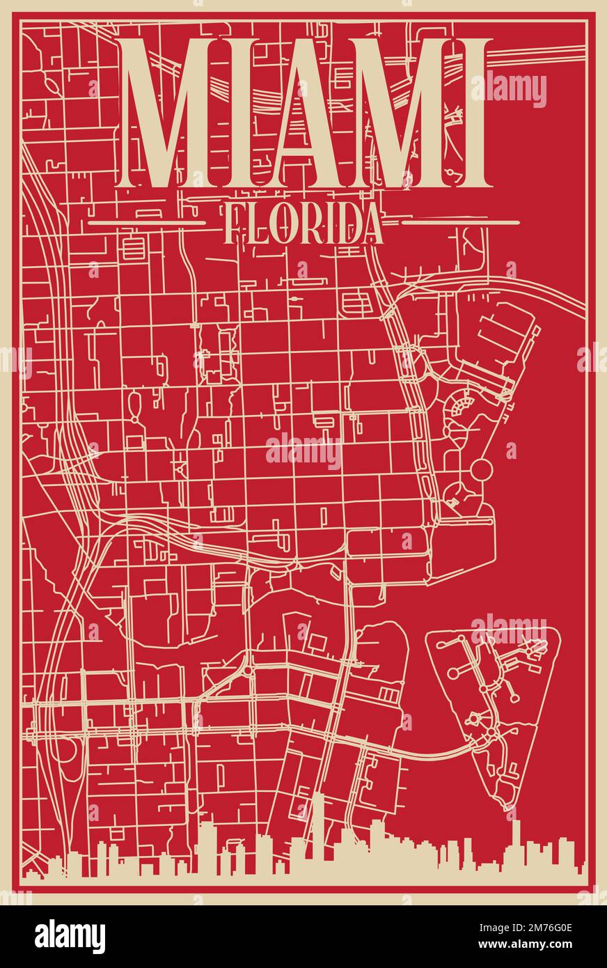 Red hand-drawn framed poster of the downtown MIAMI, FLORIDA with ...