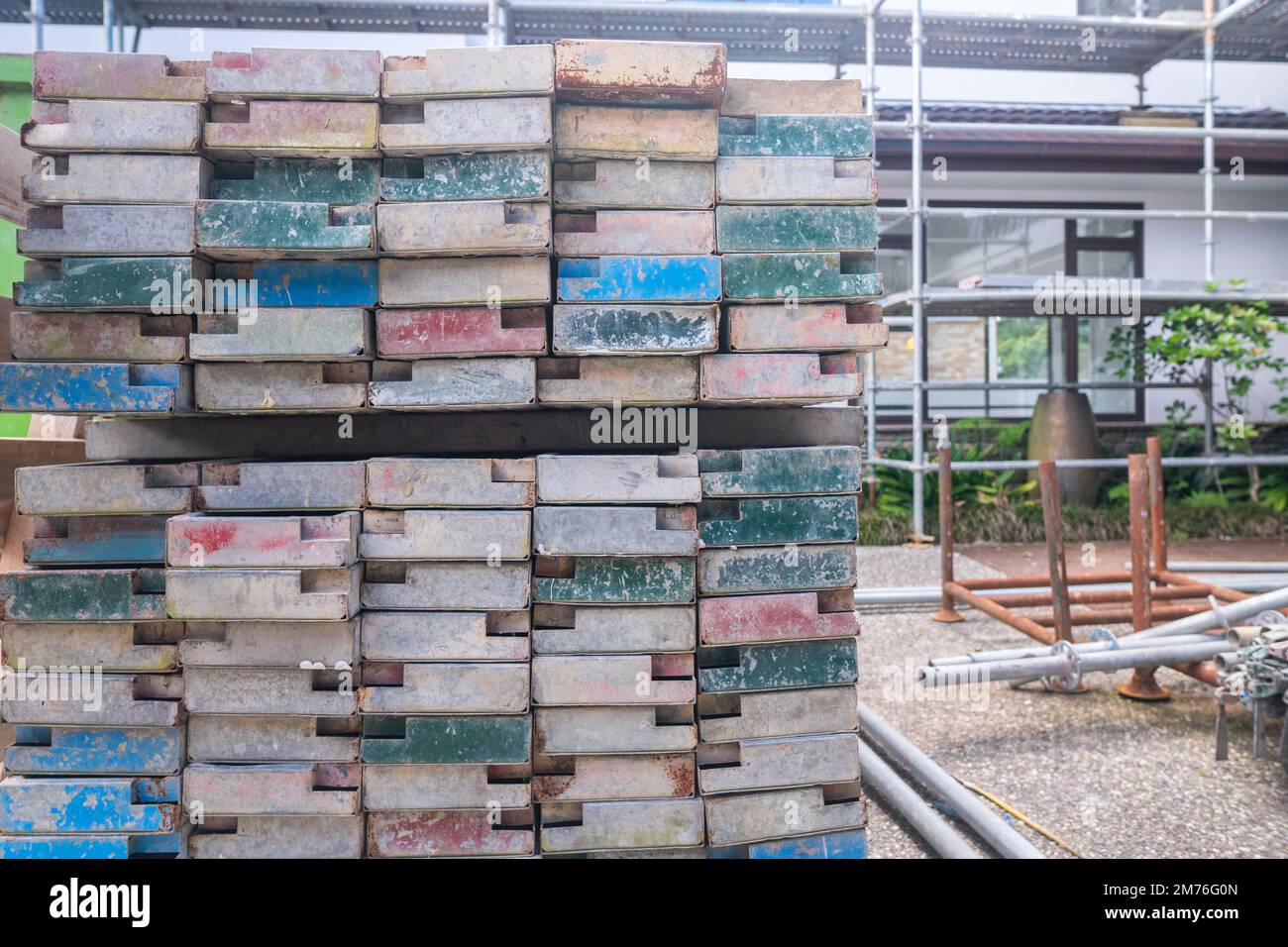 Modern house construction with scaffold pole platform. New build ...