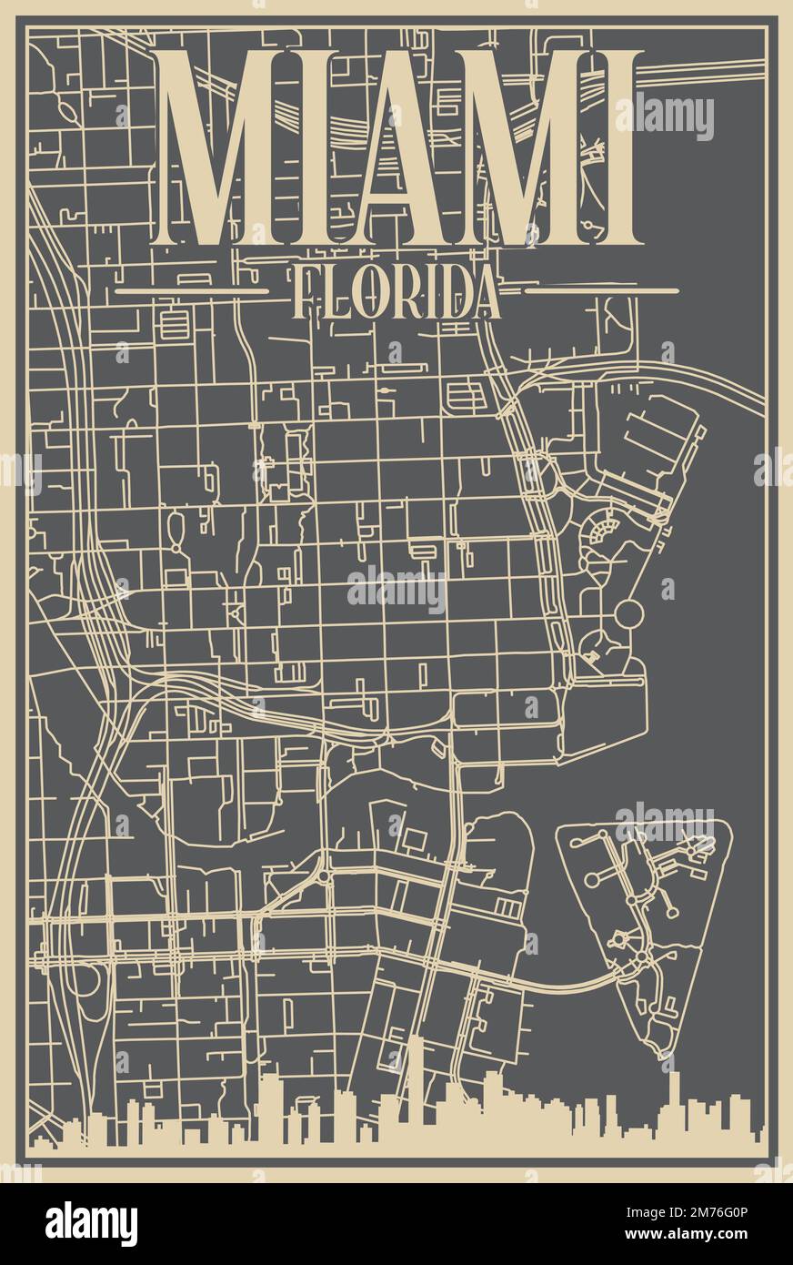 Grey hand-drawn framed poster of the downtown MIAMI, FLORIDA with ...