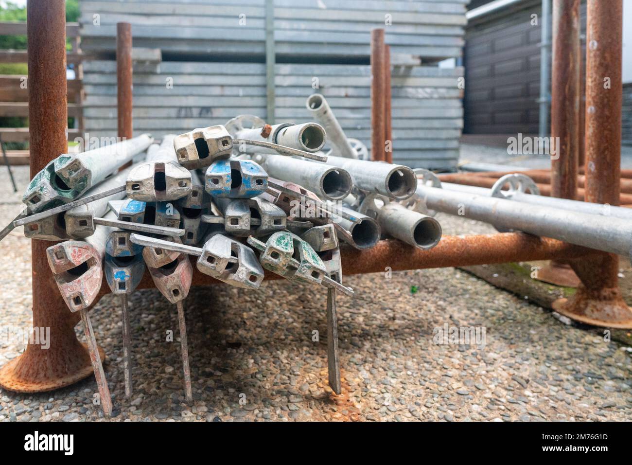 Modern house construction with scaffold pole platform. New build ...