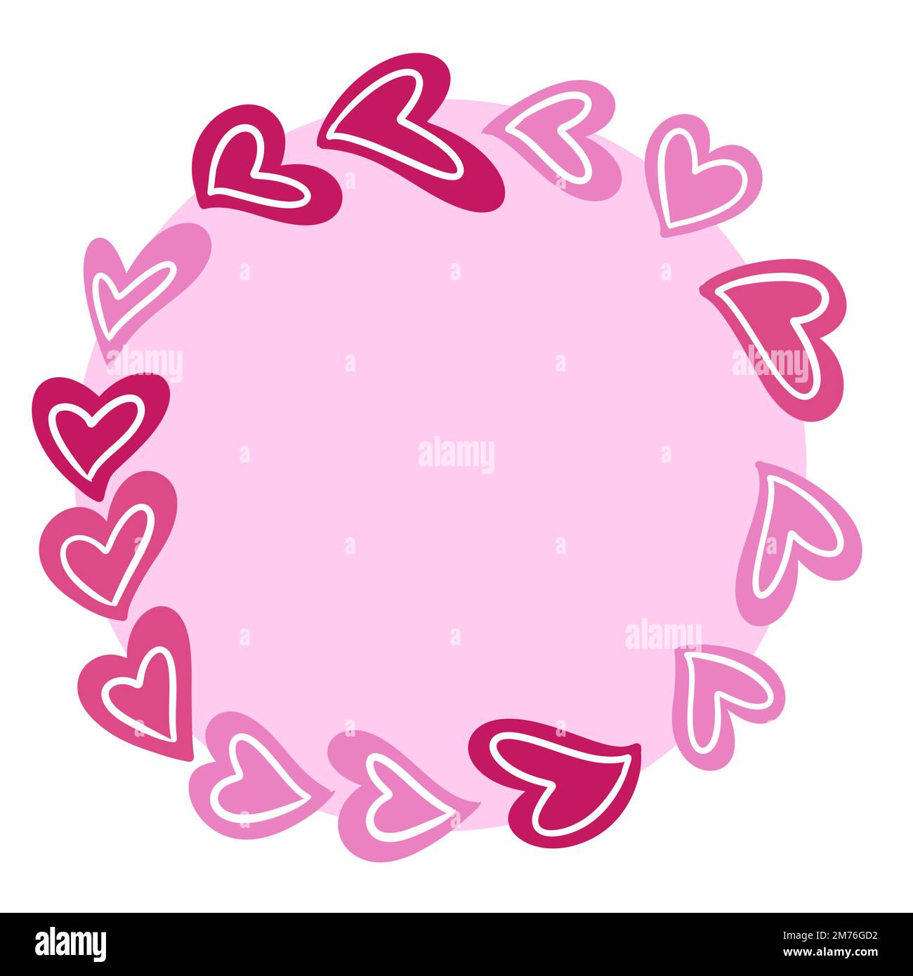 Hand drawn round circle pink frame shape with red hearts. St valentine ...