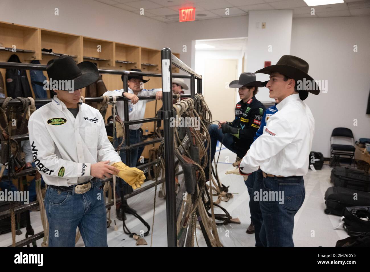 New York, New York, USA. 7th Jan, 2023. Bull Riders prep their straps ...
