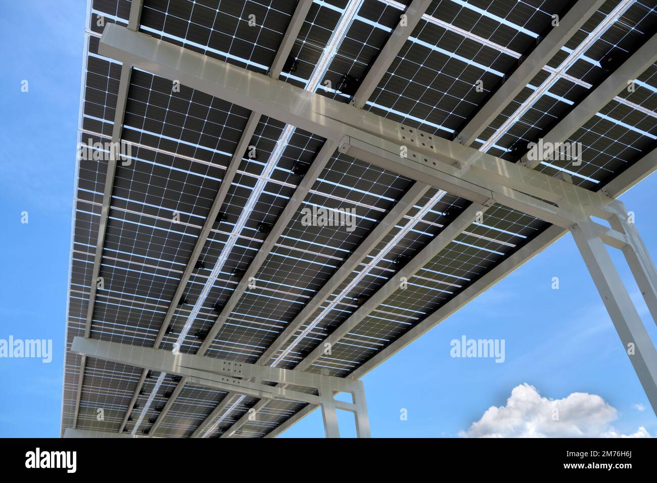 Solar panels installed over parking lot canopy shade for parked cars ...