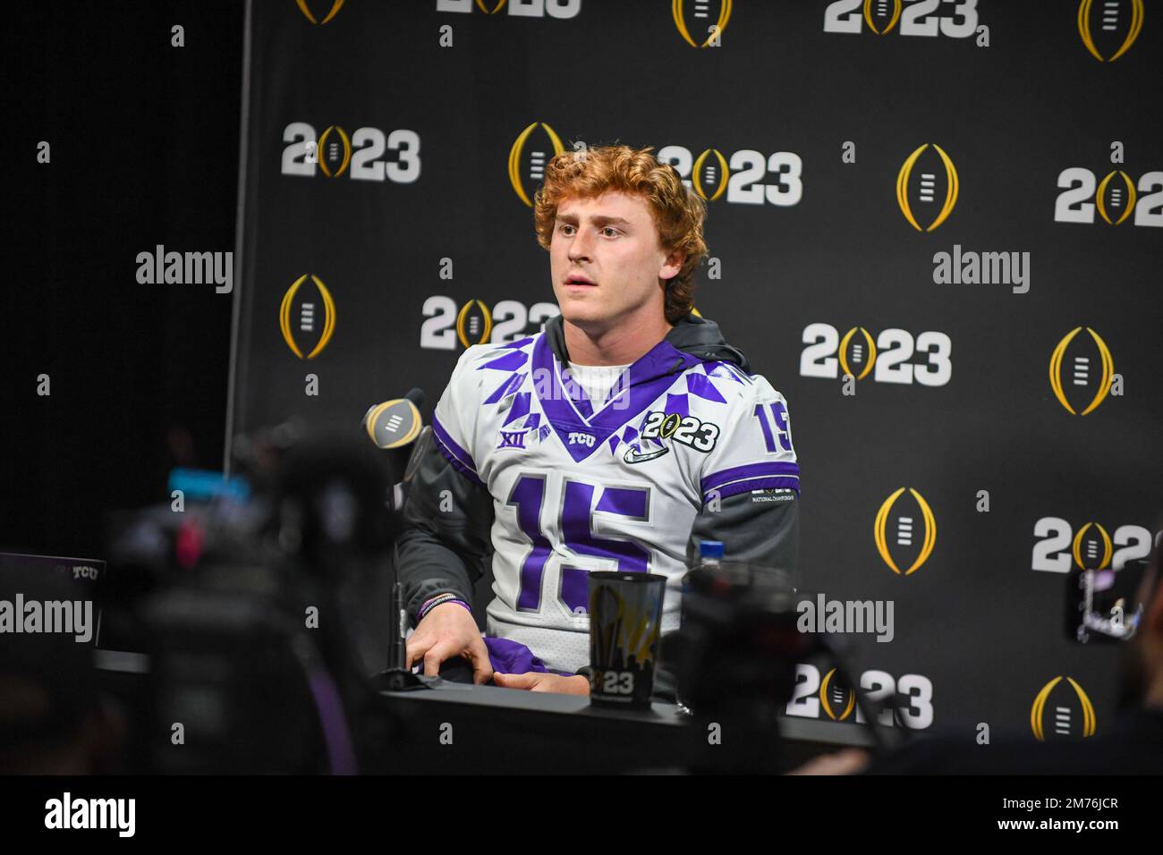 TCU quarterback Max Duggan (15) during National Championship Media Day ...