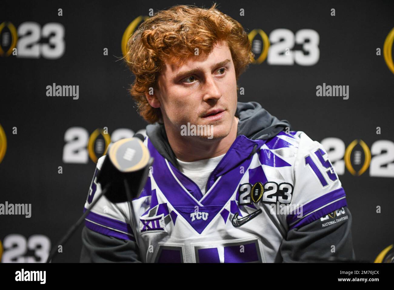 TCU quarterback Max Duggan (15) during National Championship Media Day ...