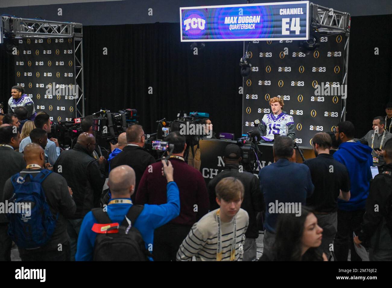 TCU quarterback Max Duggan (15) during National Championship Media Day ...