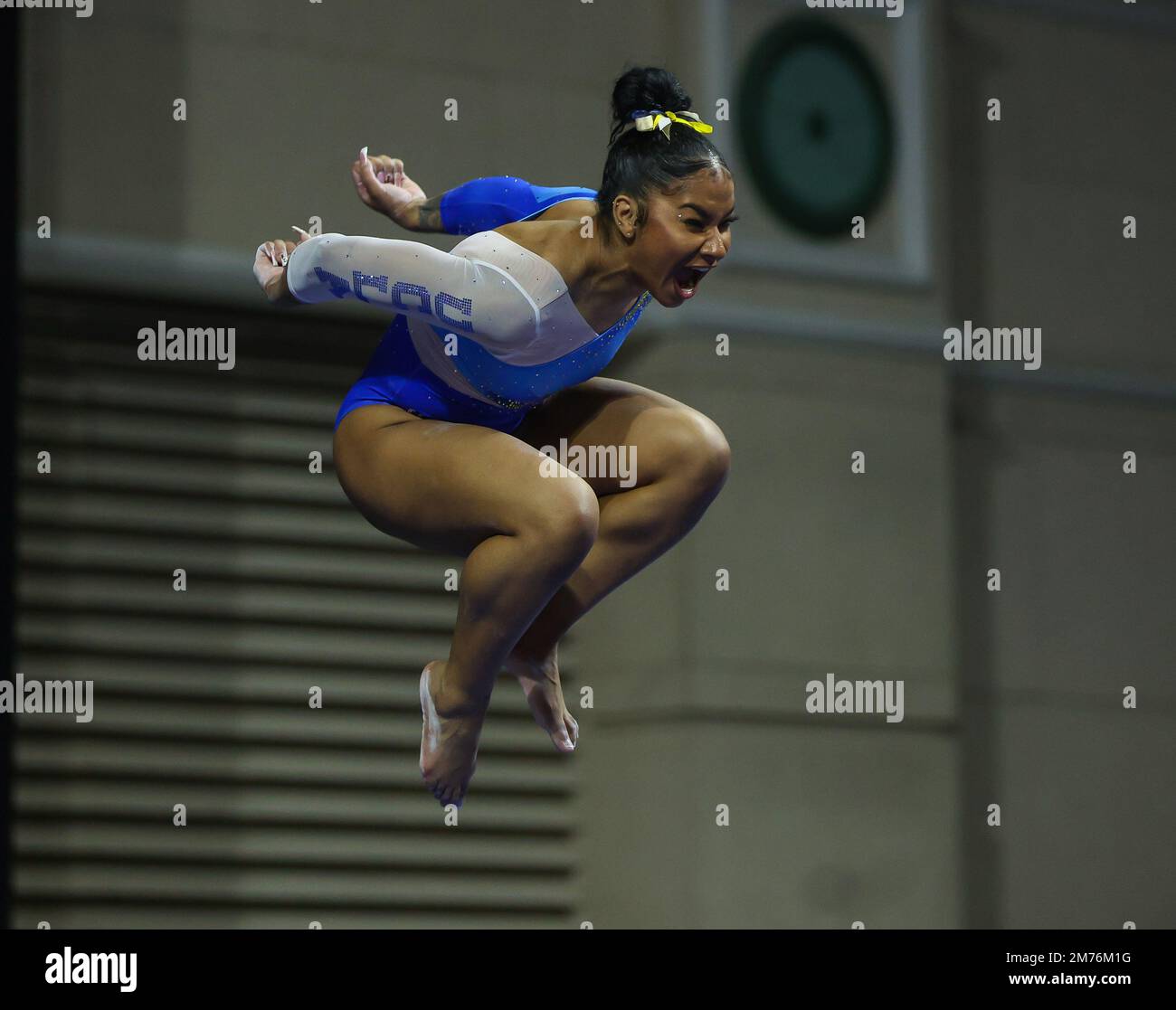 Las Vegas, NV, USA. 7th Jan, 2023. UCLA's Jordan Chiles jumps up in joy ...