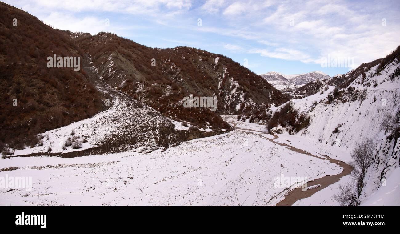 Beautiful snowy mountains. The village of Lahij. Azerbaijan Stock Photo ...
