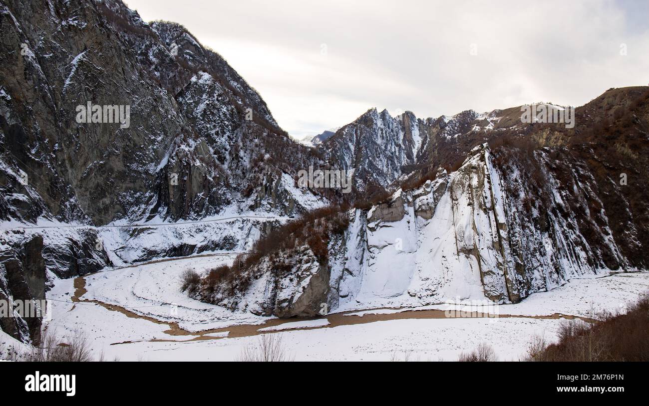 Beautiful snowy mountains. The village of Lahij. Azerbaijan Stock Photo ...