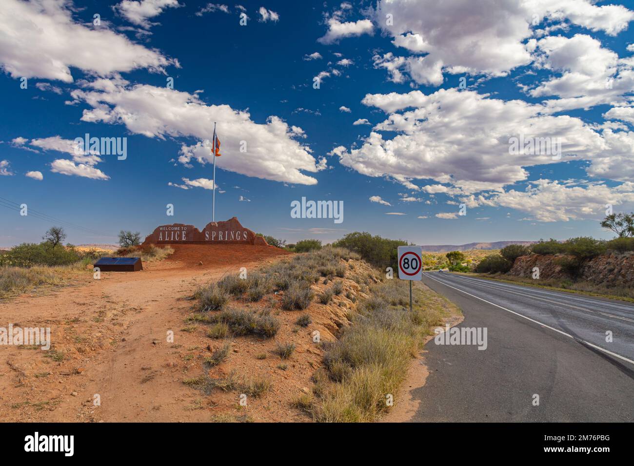 Outback, Australia - November 12, 2022: The city sign of Alice Springs ...