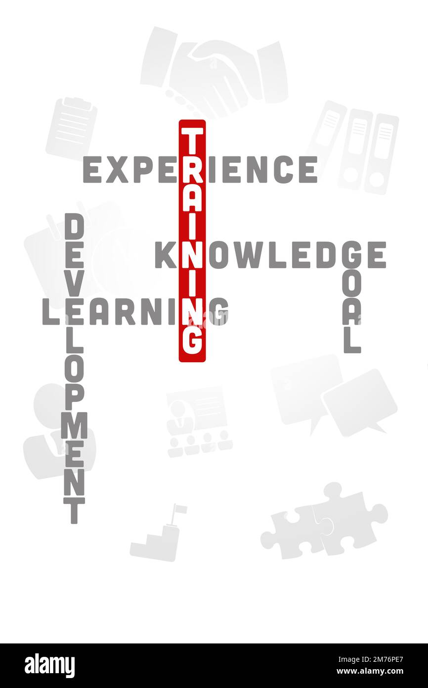 TRAINING CONCEPT. Illustration with text and icons, crossword puzzle on ...