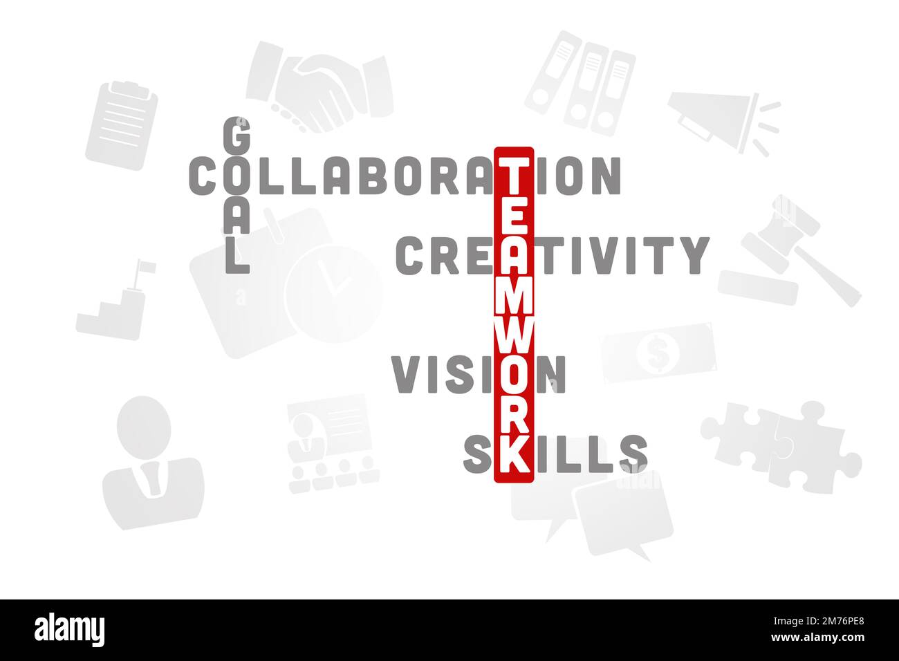 TEAMWORK concept. Illustration with text and icons, crossword puzzle on ...