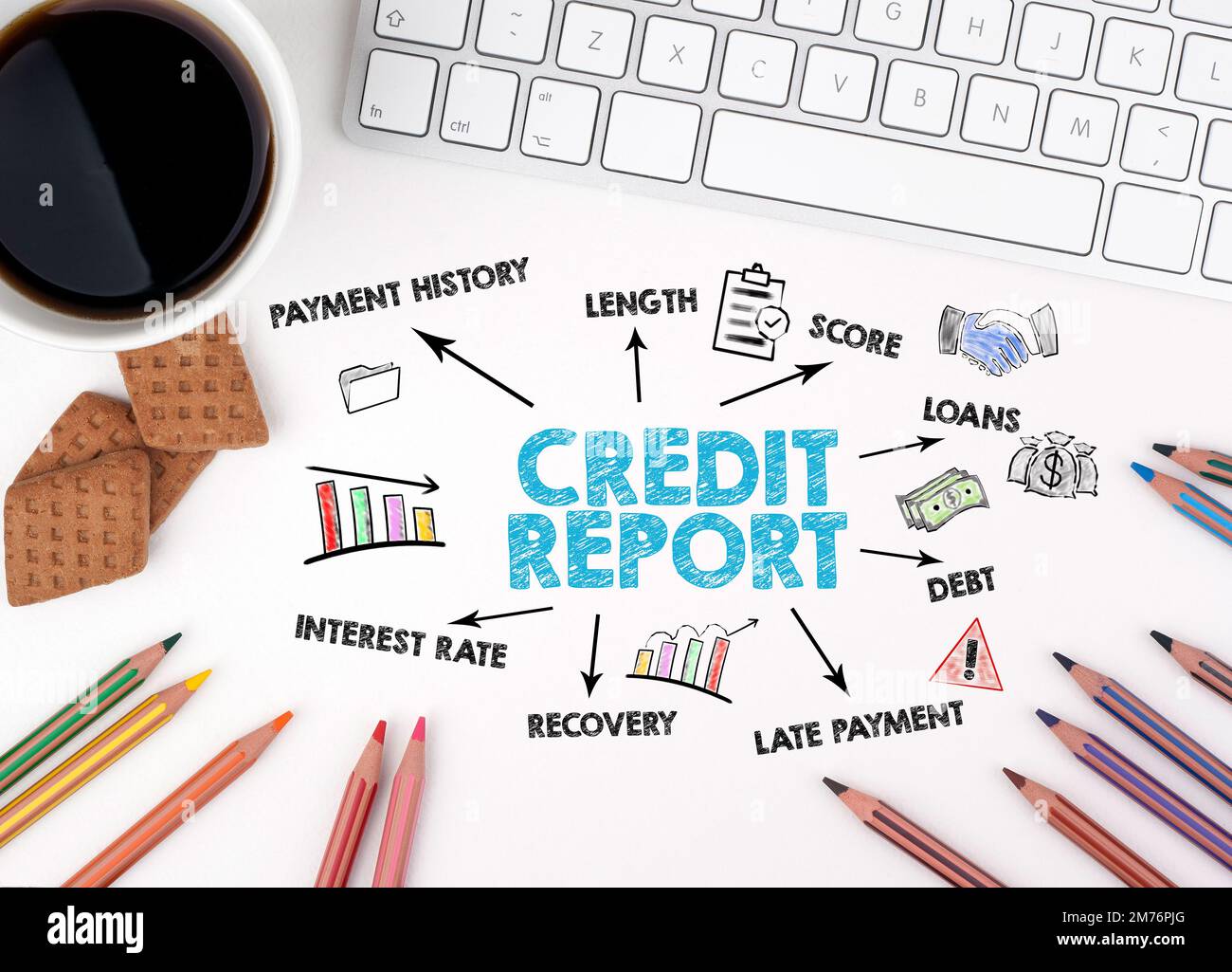 Credit Report Concept. Chart with keywords and icons. White office desk ...