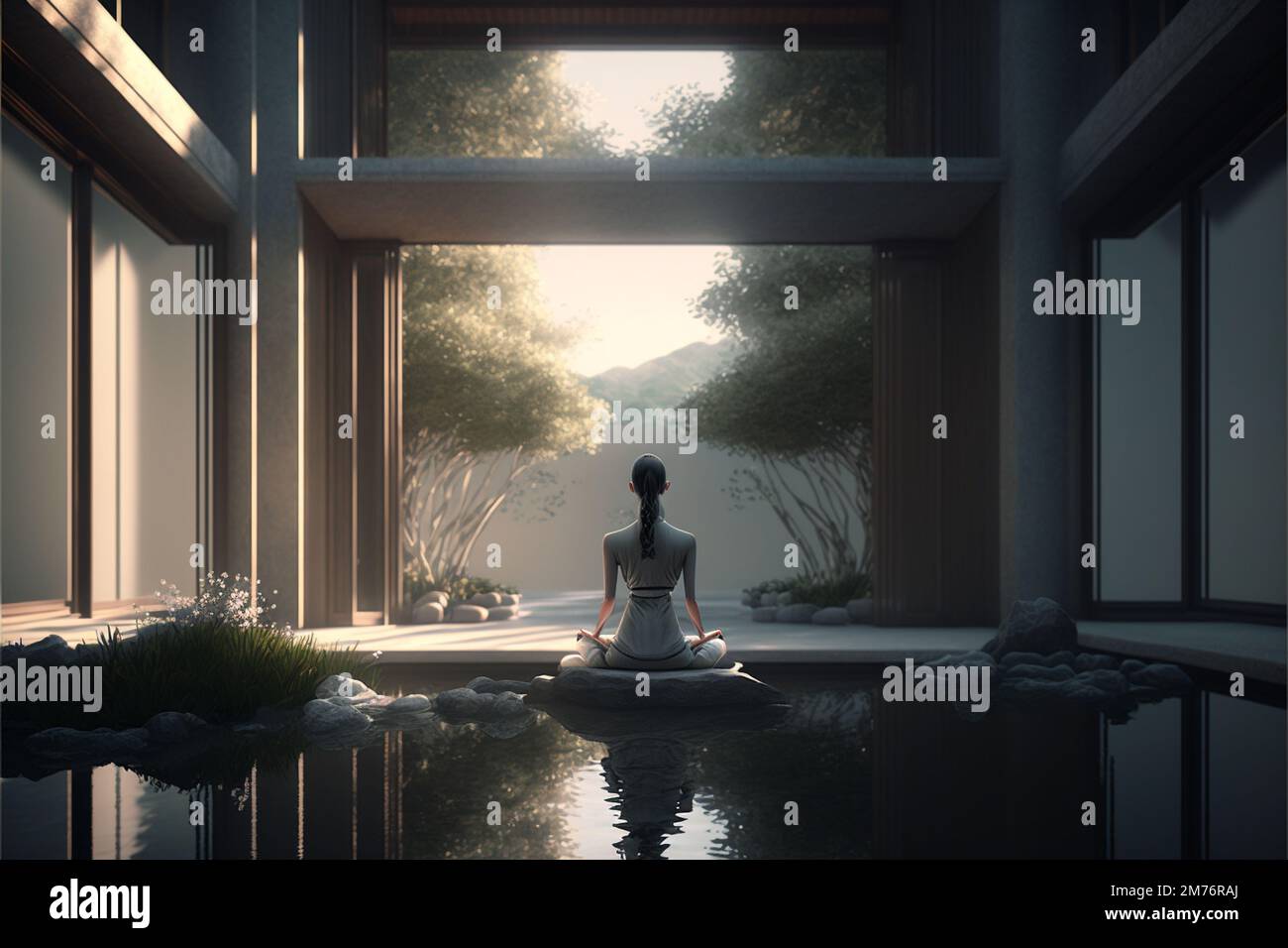 woman meditating. back view, Zen Architecture Residential Stock Photo ...
